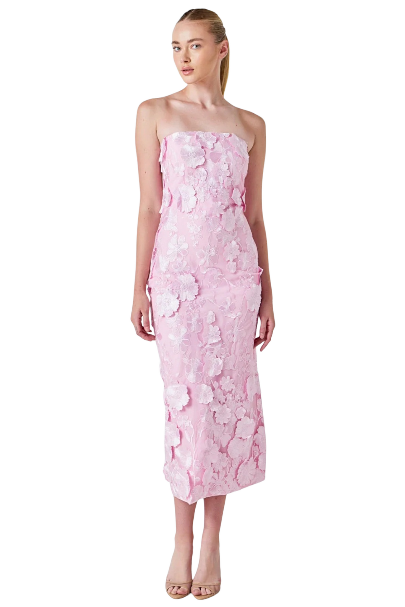 Strapless Floral Embroidered Midi Dress- Pink – Monkee's of Ridgeland